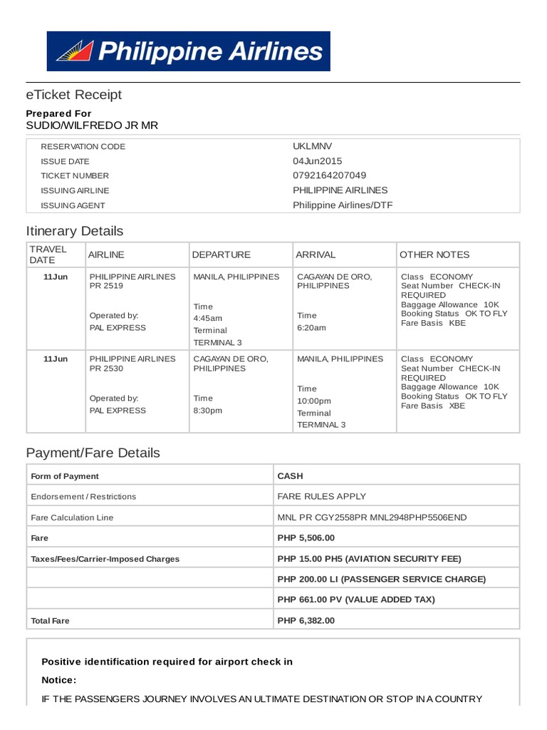 Electronic Ticket Receipt, June 11 For SUDIO WILFREDO JR MR | PDF ...