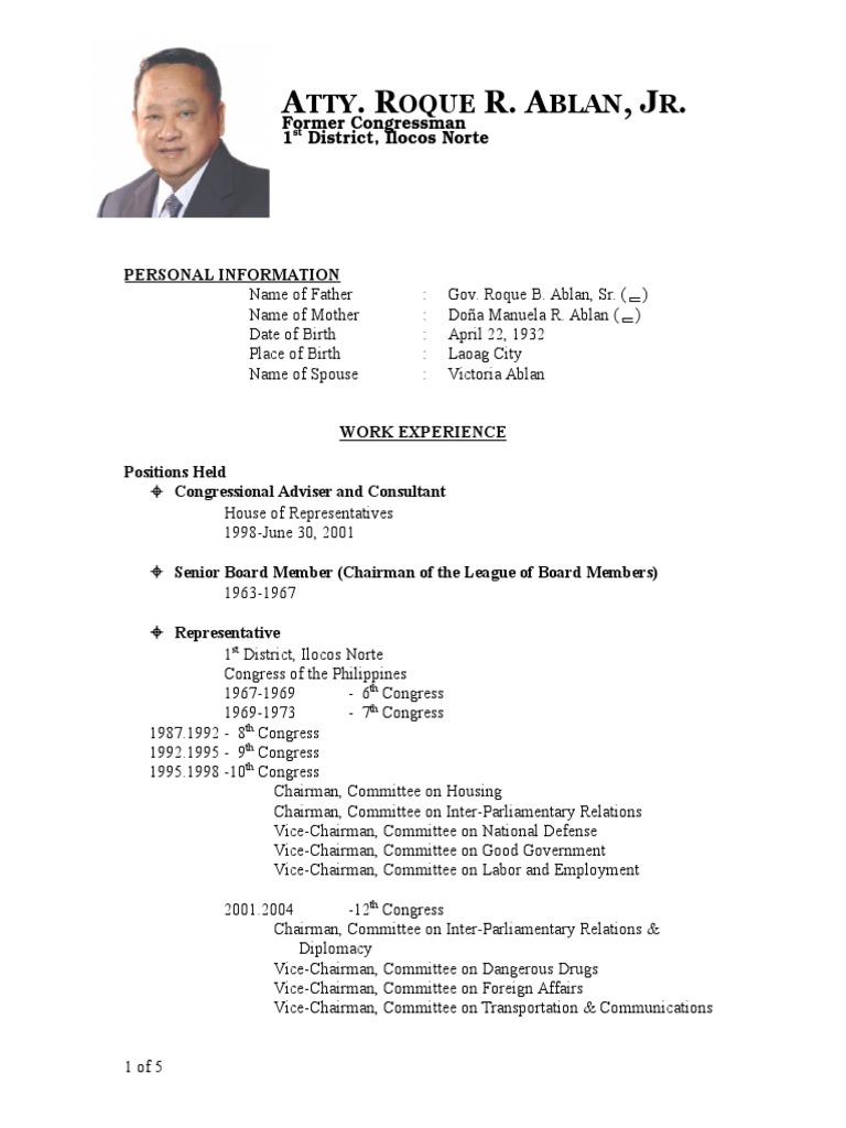 CV of Atty. Roque R. Ablan Jr. | PDF | Vietnam War | Philippines