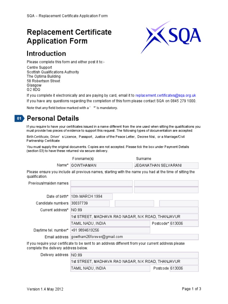 SQA Replacement Certificate Application Form | PDF | Mail | Cheque