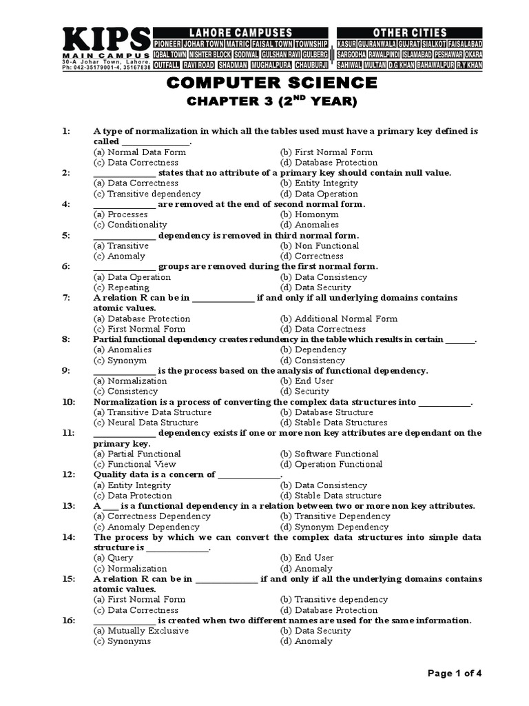 Computer Science Mcqs | PDF | Relational Database | Databases