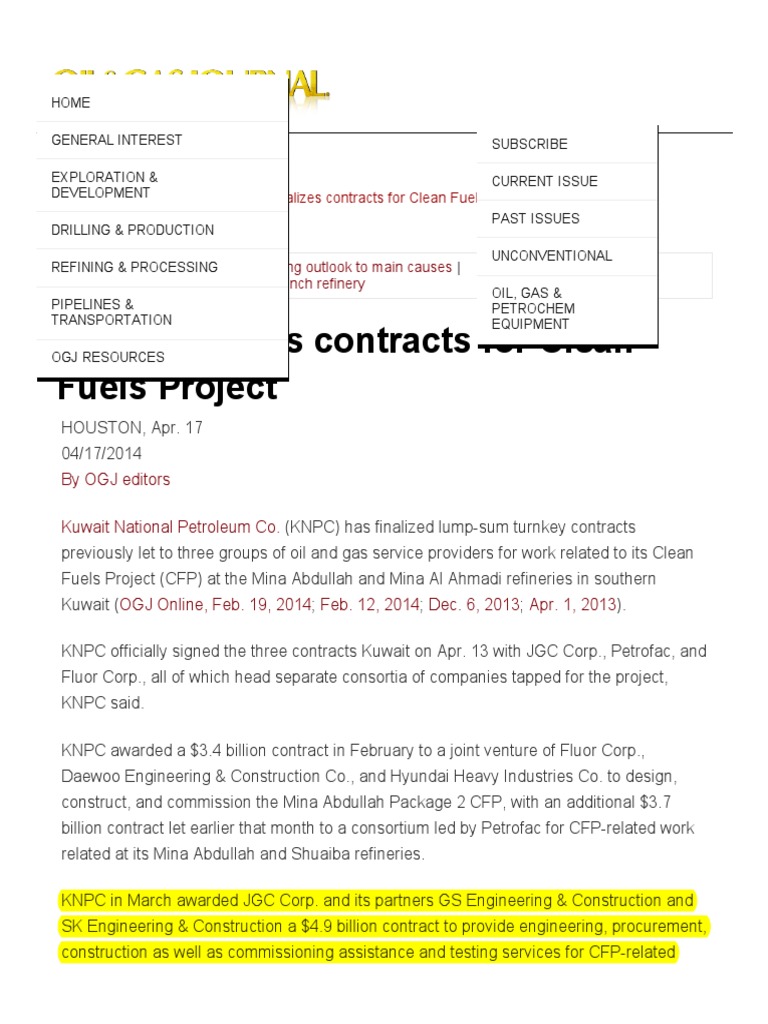 KNPC Finalizes Contracts For Clean Fuels Project | PDF | Oil Refinery ...