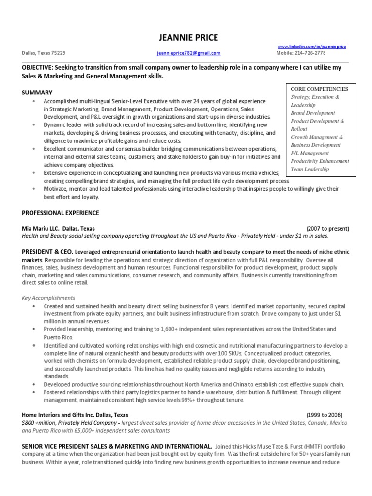 SVP Global Sales Marketing In Dallas TX Resume Jeannie Price | Sales ...