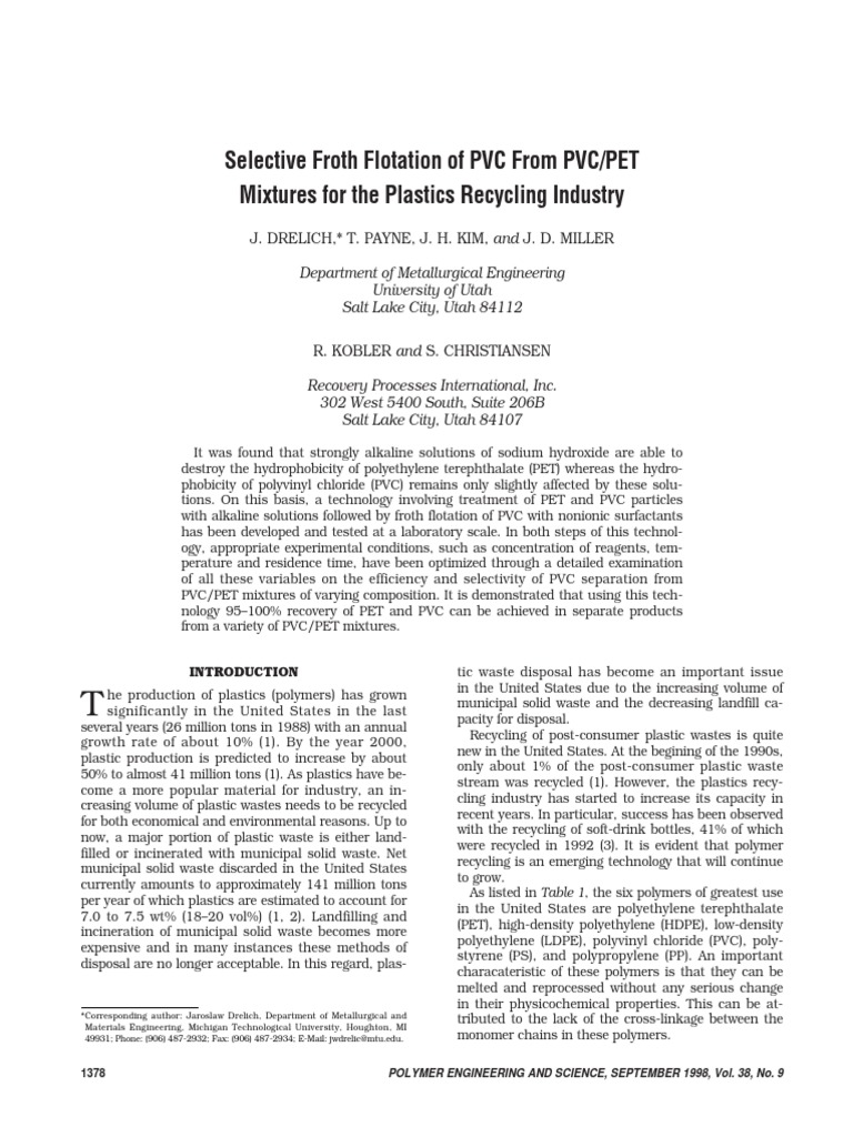 Selective Froth Flotation of PVC From PVC/PET Mixtures For The Plastics ...