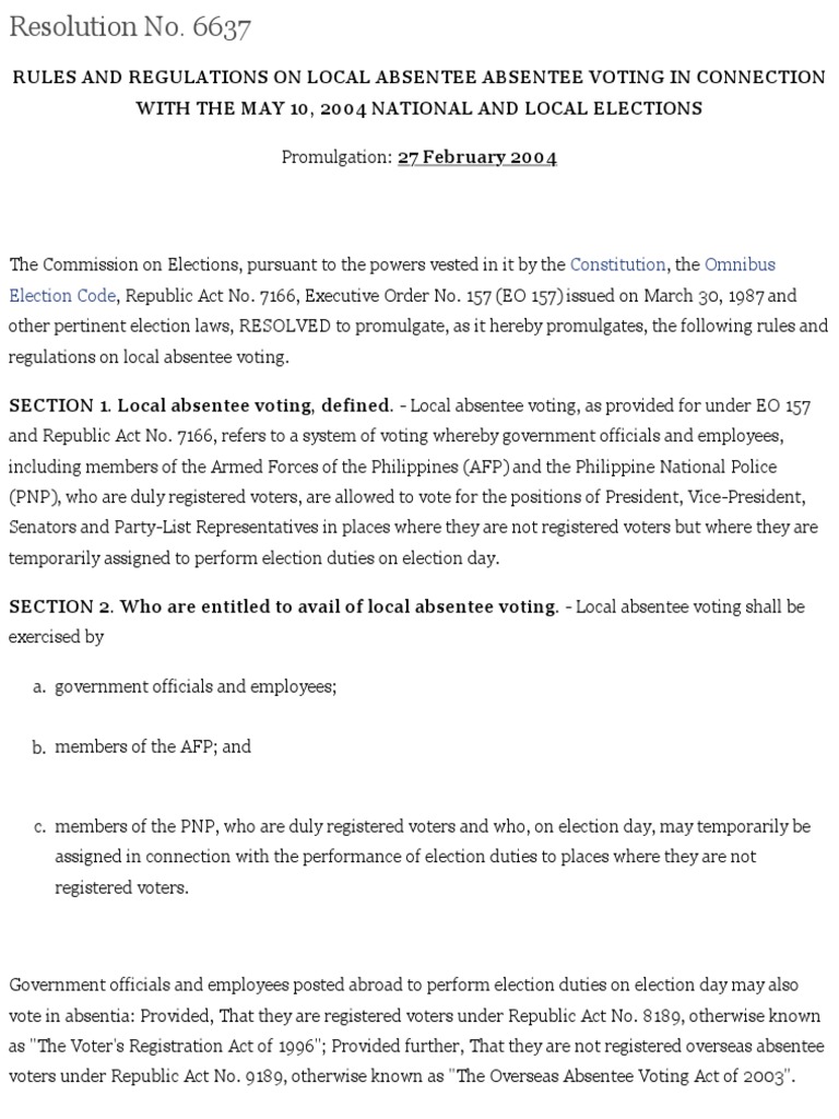 E.O. No. 157 (Local Absentee Voting Law) | PDF | Absentee Ballot ...