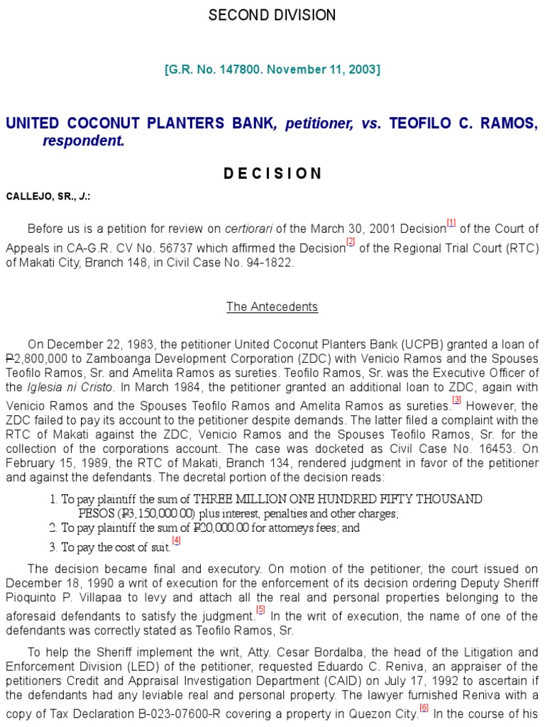 Respondent.: United Coconut Planters Bank, Petitioner, vs. Teofilo C ...