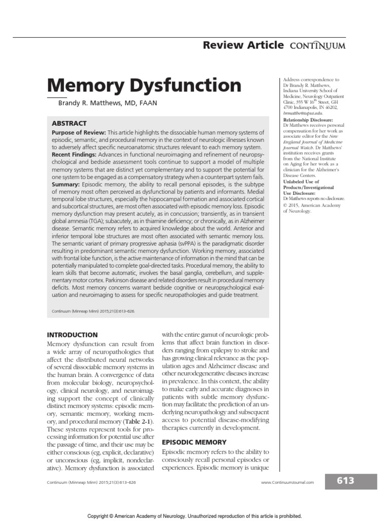 Memory Dysfunction.9 | PDF | Hippocampus | Amnesia
