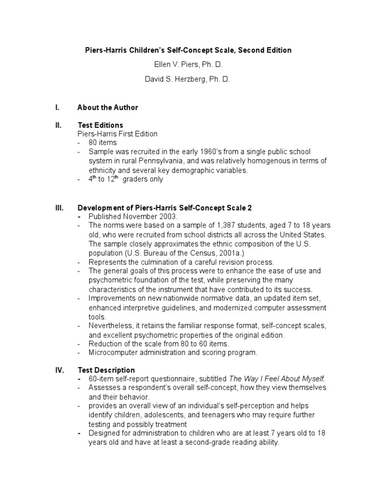 Piers-Harris Children's Self-Concept Scale, Second Edition: TH TH | PDF ...