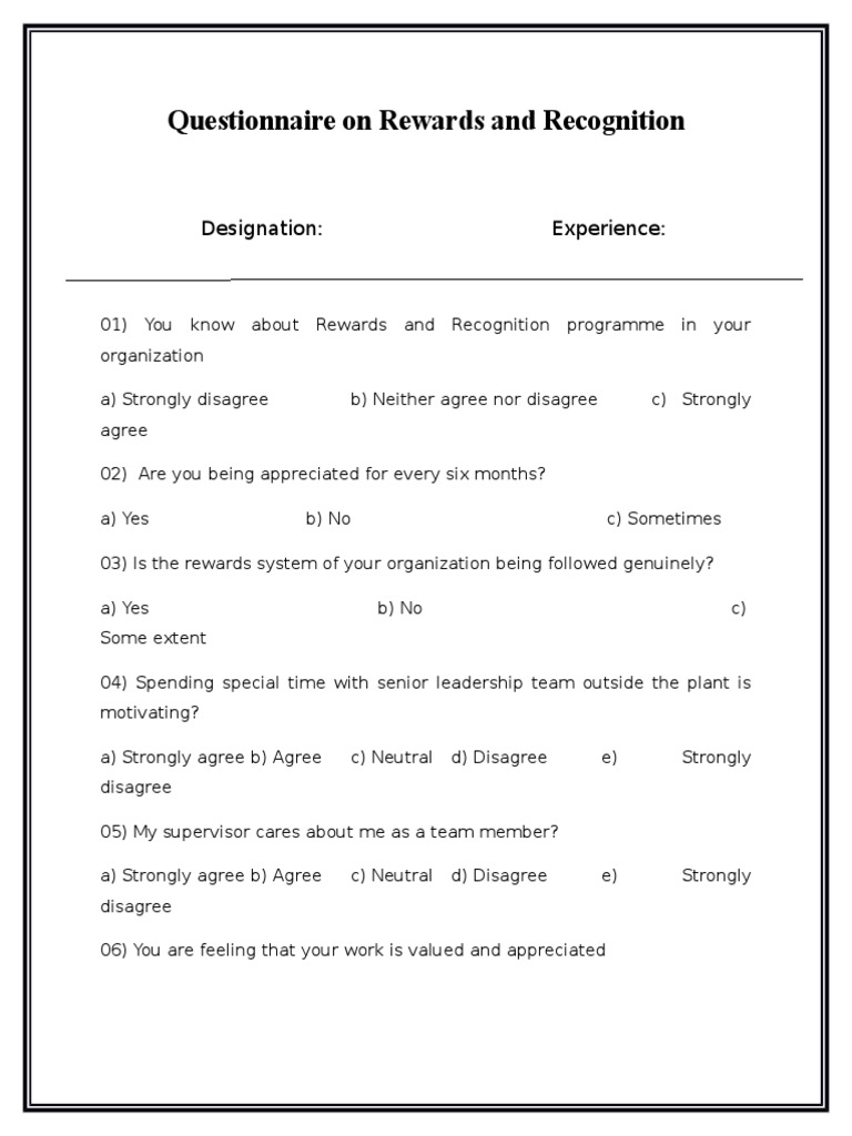 Rewards and Recognition Questionnaire | PDF | Organizational Behavior ...