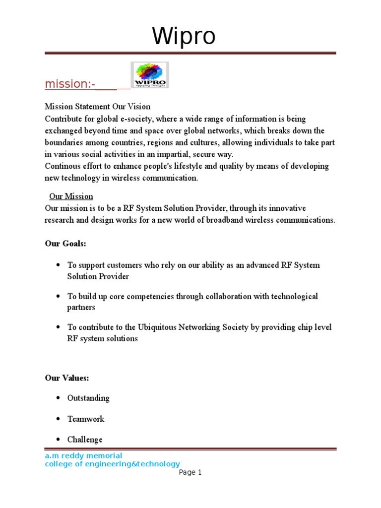 Wipro: Mission | PDF | Memorandum | Science And Technology