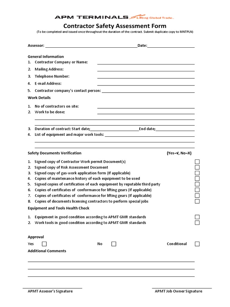 Contractor Safety Assessment Form | PDF