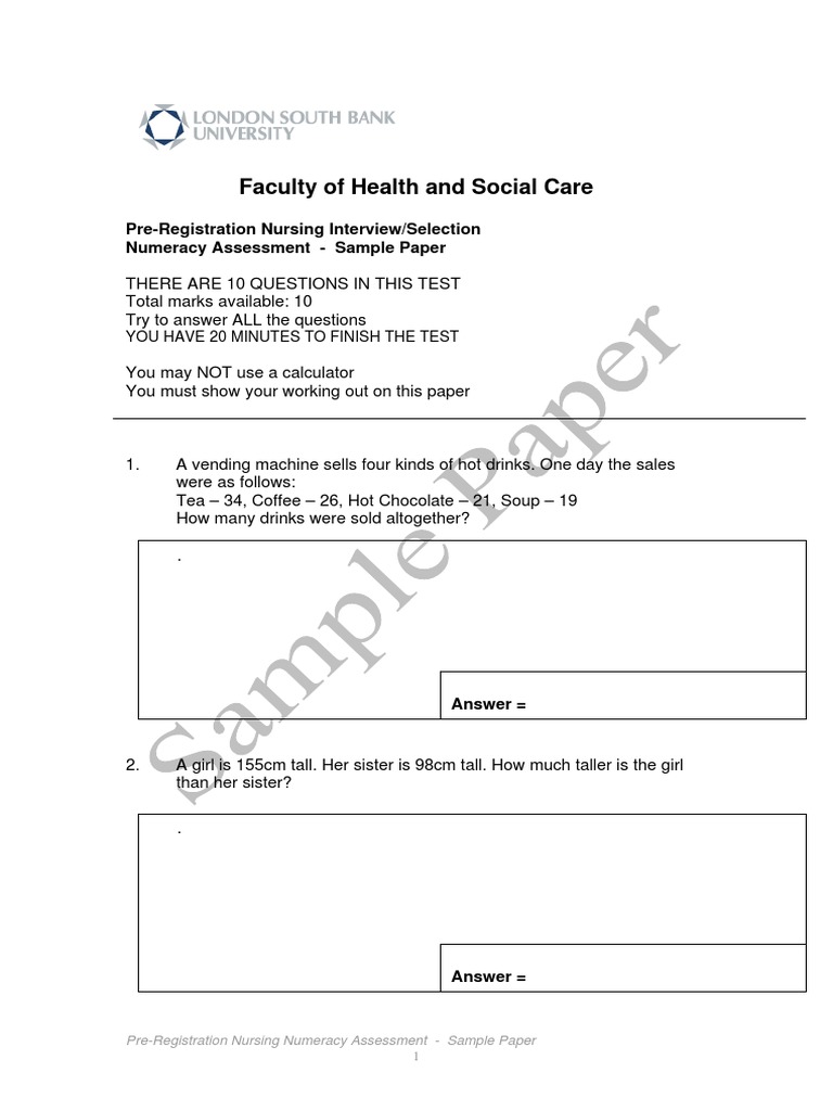 Numeracy Test Sample Questions | PDF | Lifestyle