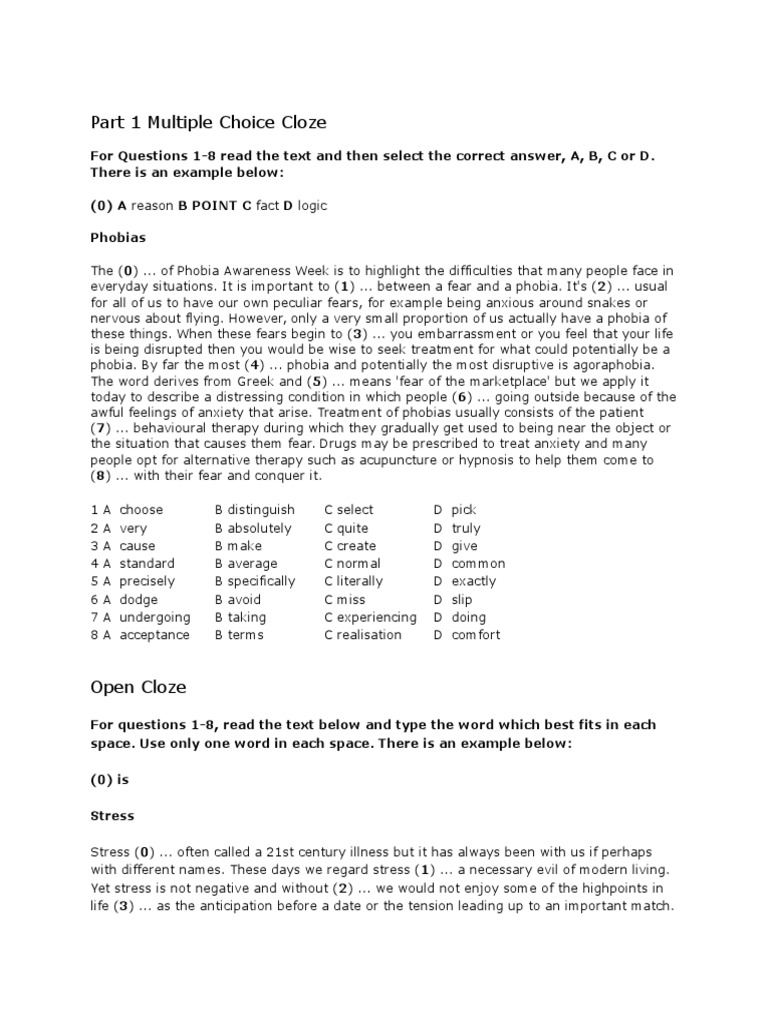 Part 1 Multiple Choice Cloze | PDF | Phobia | Anxiety