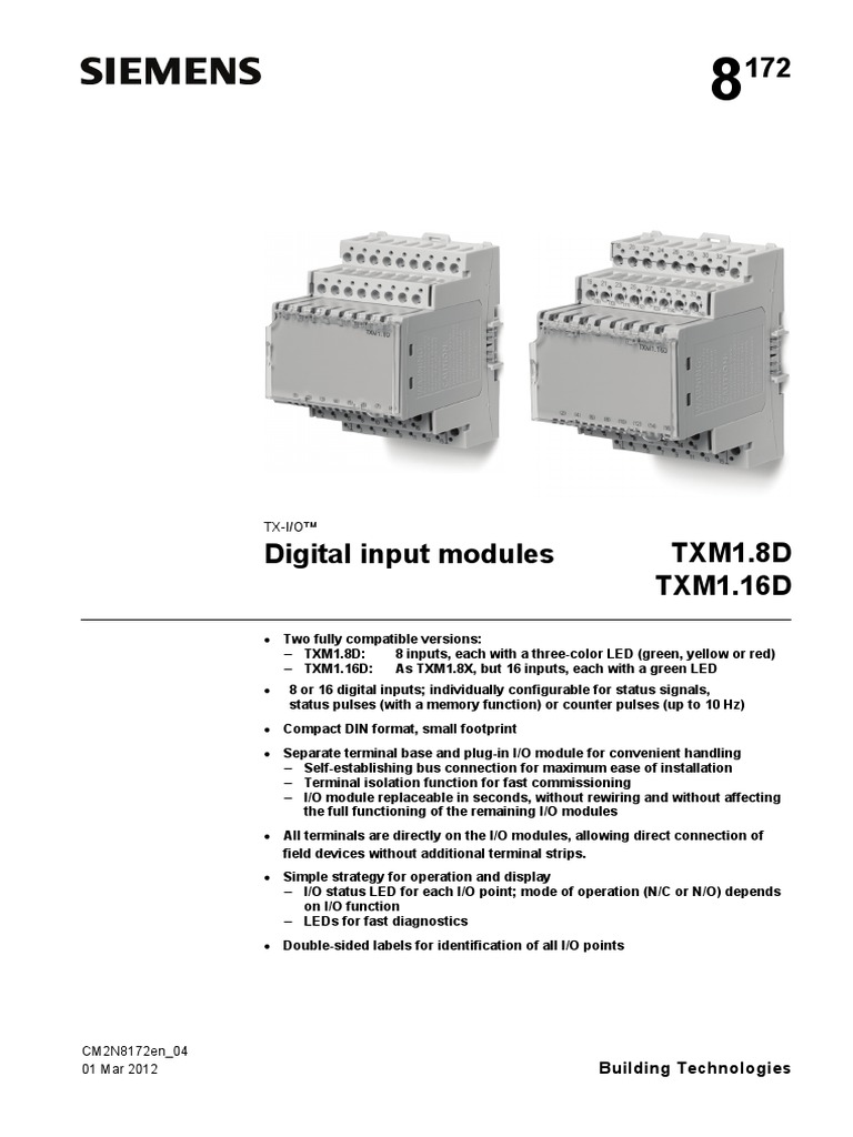 Digital Input Modules TXM1 D A6V10068527 HQ en | PDF | Cable ...