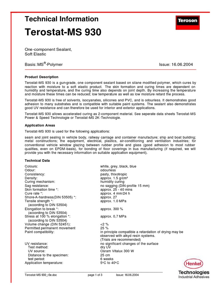 Sealant - Terostat MS930 TechData | PDF | Paint | Plastic