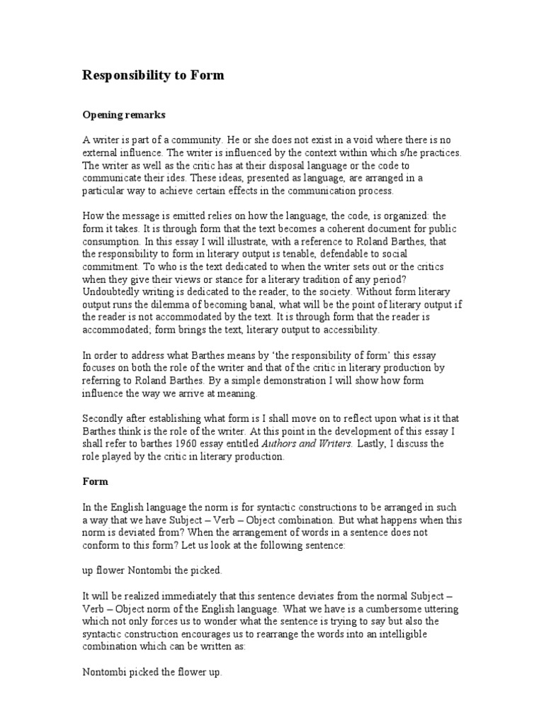 Responsibility To Form | PDF | Essays | Narrative