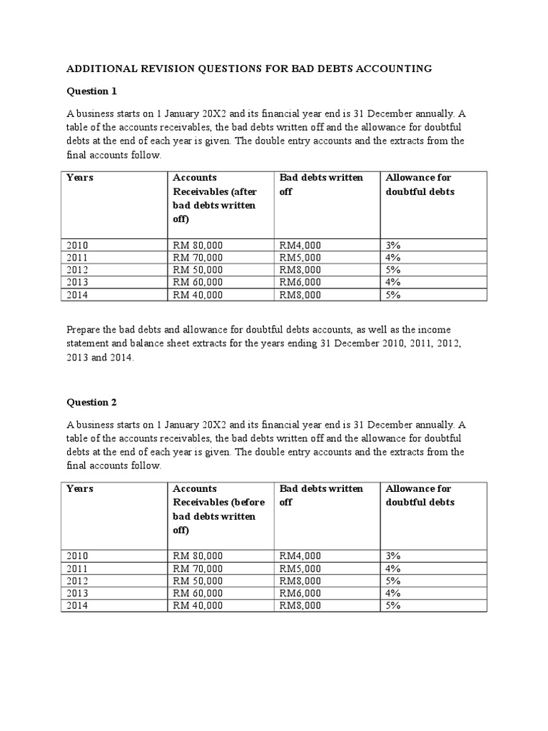 Additional Tutorial Questions For Bad Debts Accounting | PDF | Bad Debt ...