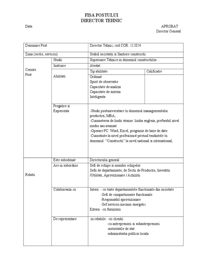 FISA POST - Director Tehnic. | PDF