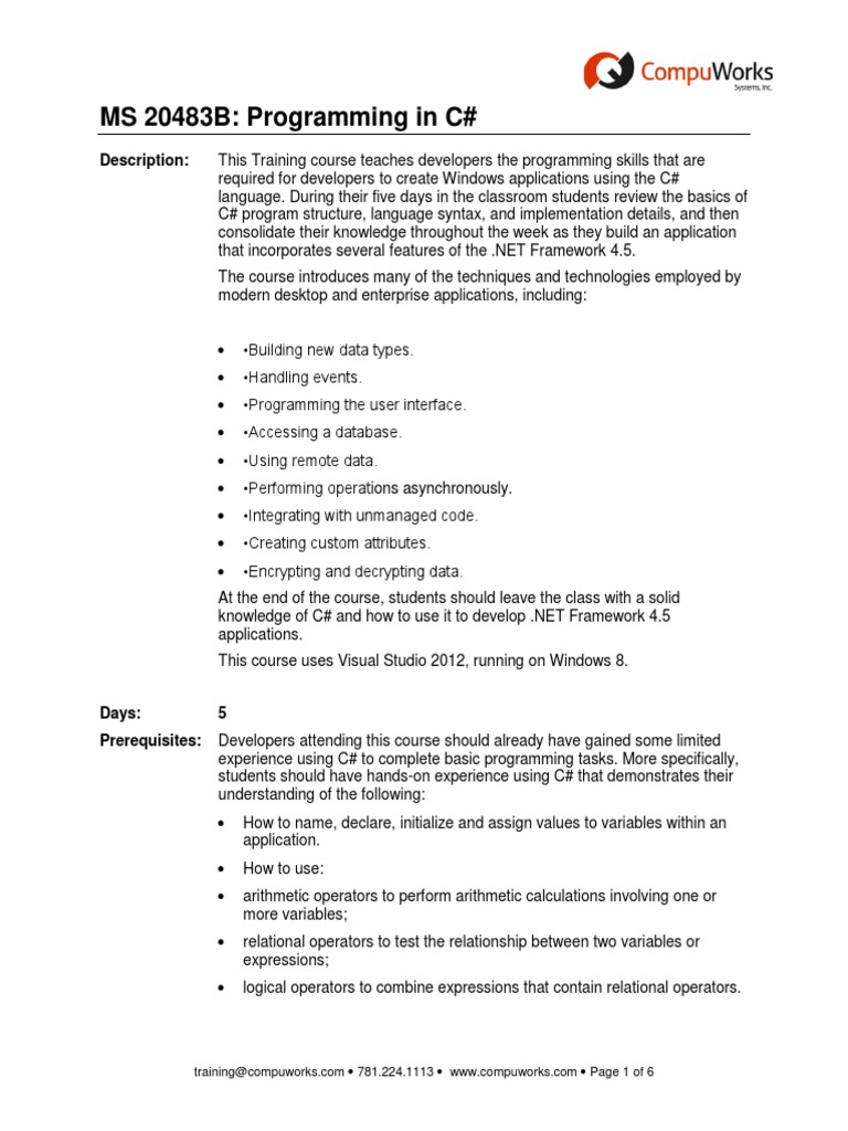 MS 20483B - Programming in C# | PDF | C Sharp (Programming Language) | Class (Computer Programming)