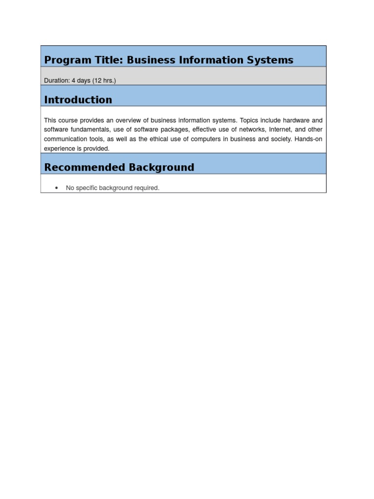 Program Title: Business Information Systems: No Specific Background ...