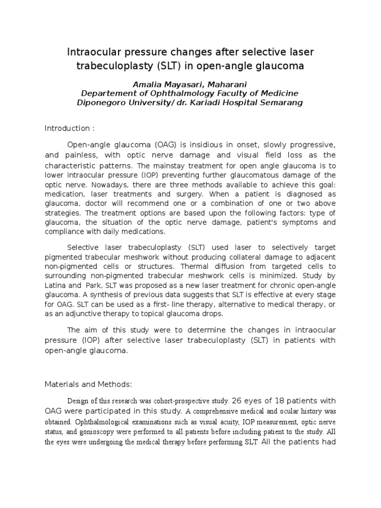 Intraocular Pressure Changes After Selective Laser Trabeculoplasty (SLT ...