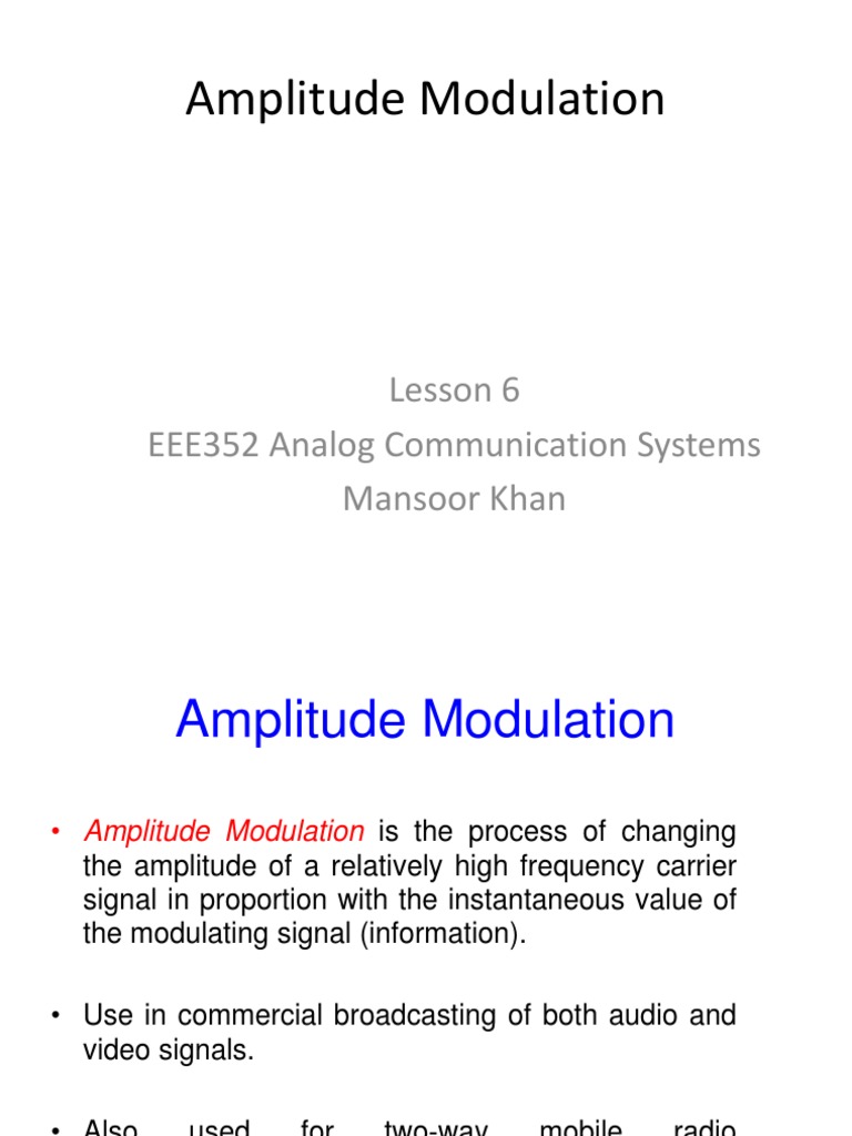 Amplitude Modulation Lesson 6 Eee352 Analog Communication Systems Mansoor Khan Pdf