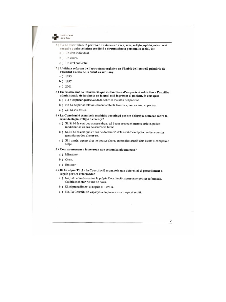 Examen Auxiliar Administrativo Institut Catala Salut ICS | PDF