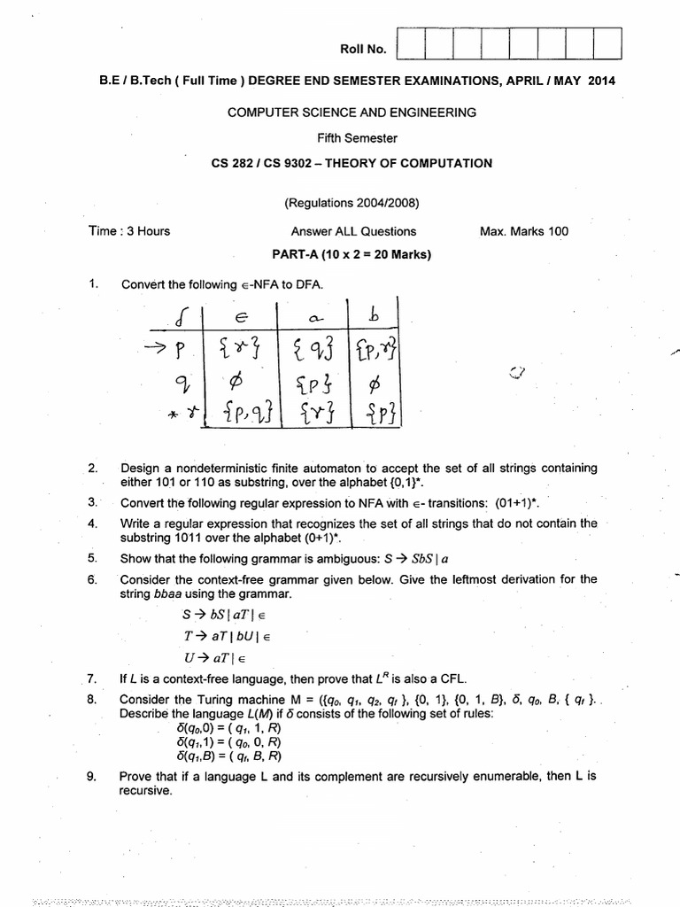 TOC Question Paper | PDF | Formalism (Deductive) | Theory Of Computation