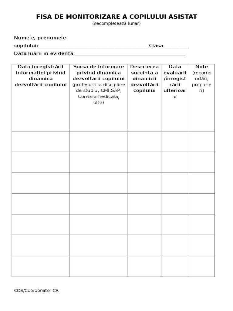 Fisa de Monitorizare a Copilului Asistat