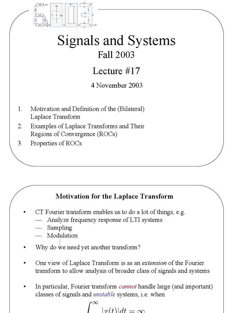 Signal And System Lecture 17 Pdf Laplace Transform Fourier Transform