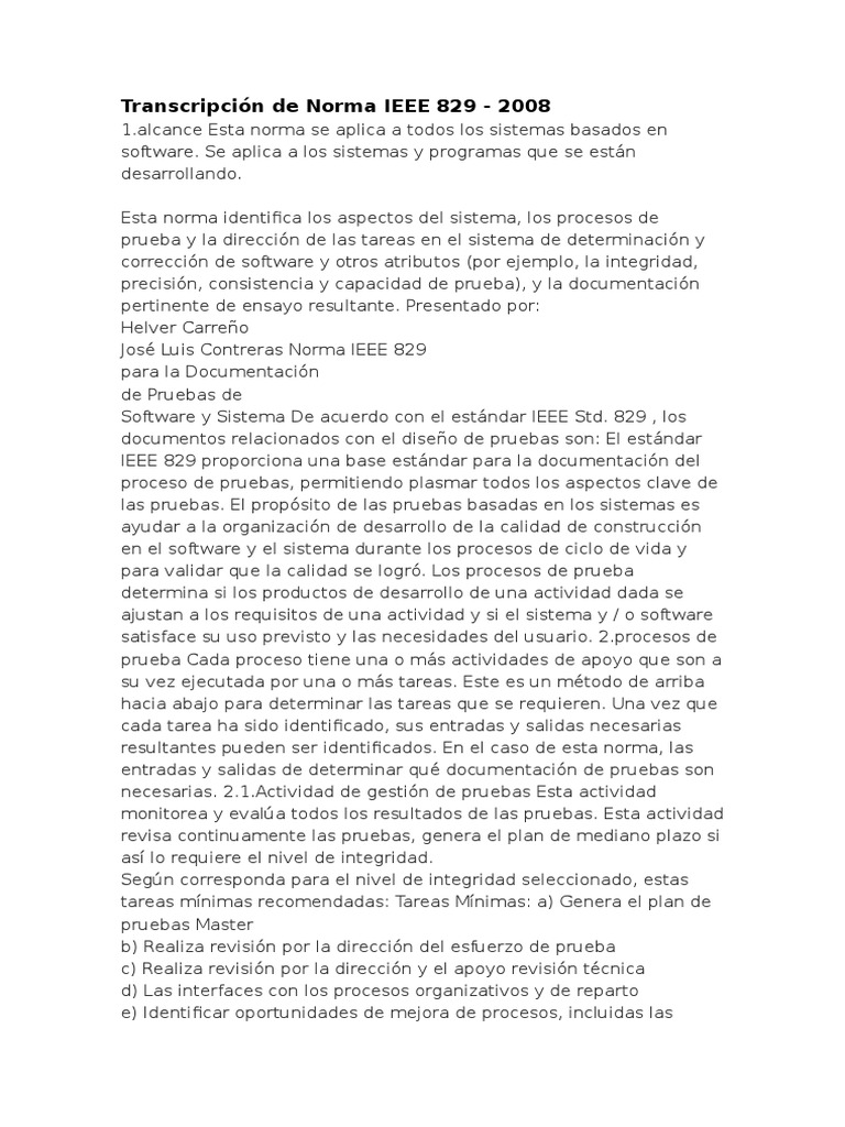 Transcripción de Norma IEEE 829 | PDF | Software | Informática
