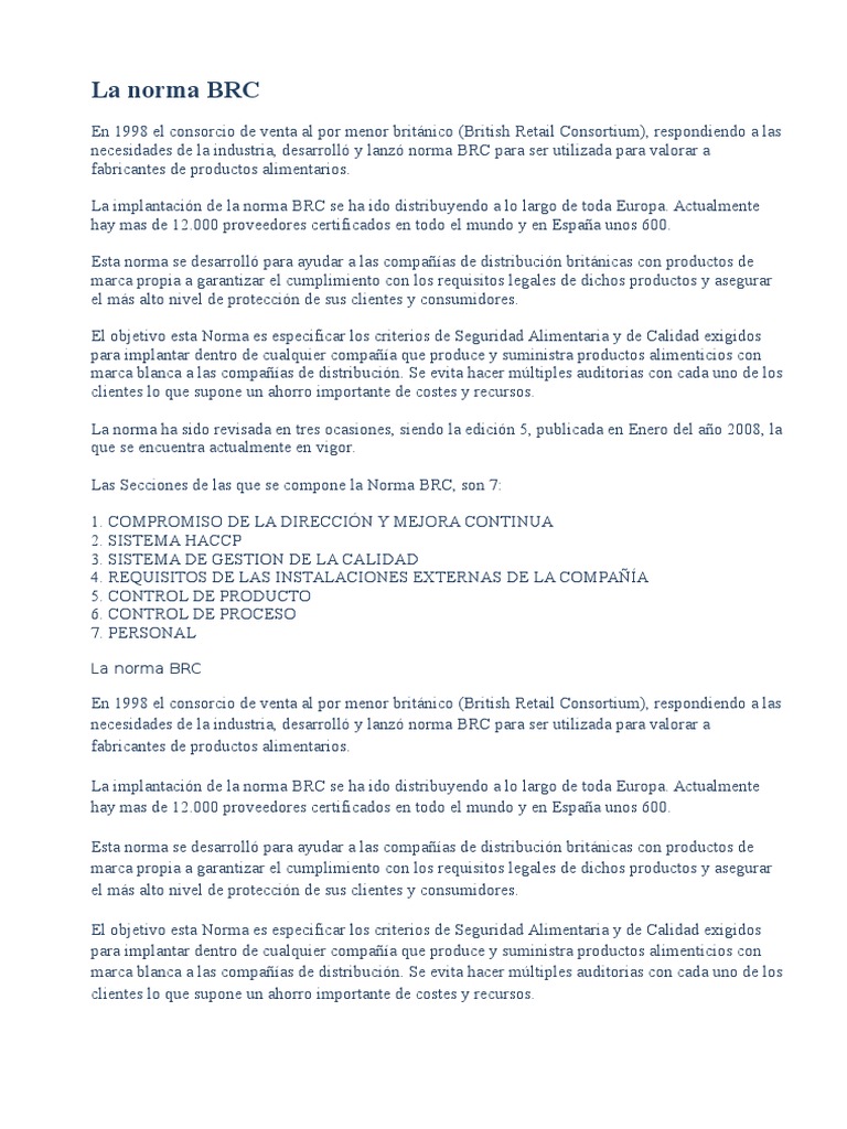 La Norma BRC | PDF | Análisis de Riesgo y Puntos Críticos de Control ...