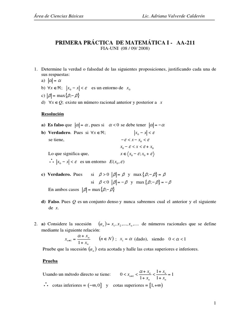 Práctica Matemática 1 UNI | PDF | Verdad | Conceptos matemáticos