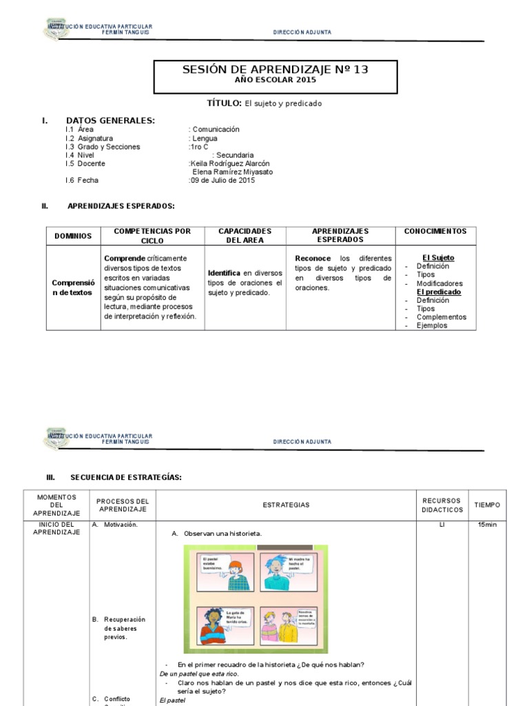 Sesión de Aprendizaje: Sujeto y Predicado | PDF | Predicado (Gramática ...