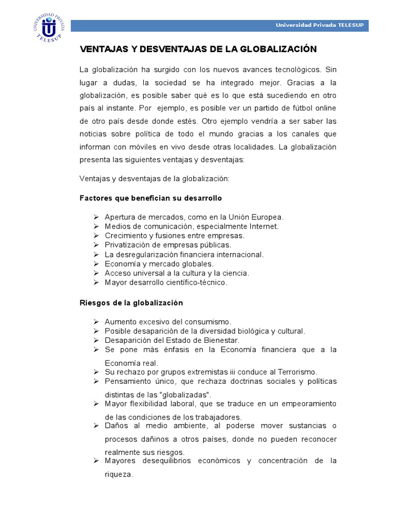 Ventajas y Desventajas de La Globalizacion | PDF | Globalización | Ciencias económicas