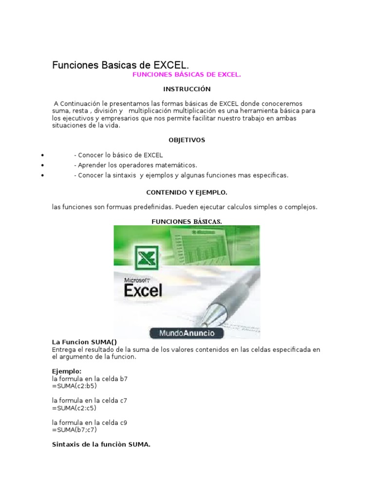 Funciones Basicas de EXCEL | PDF | Multiplicación | Microsoft Excel