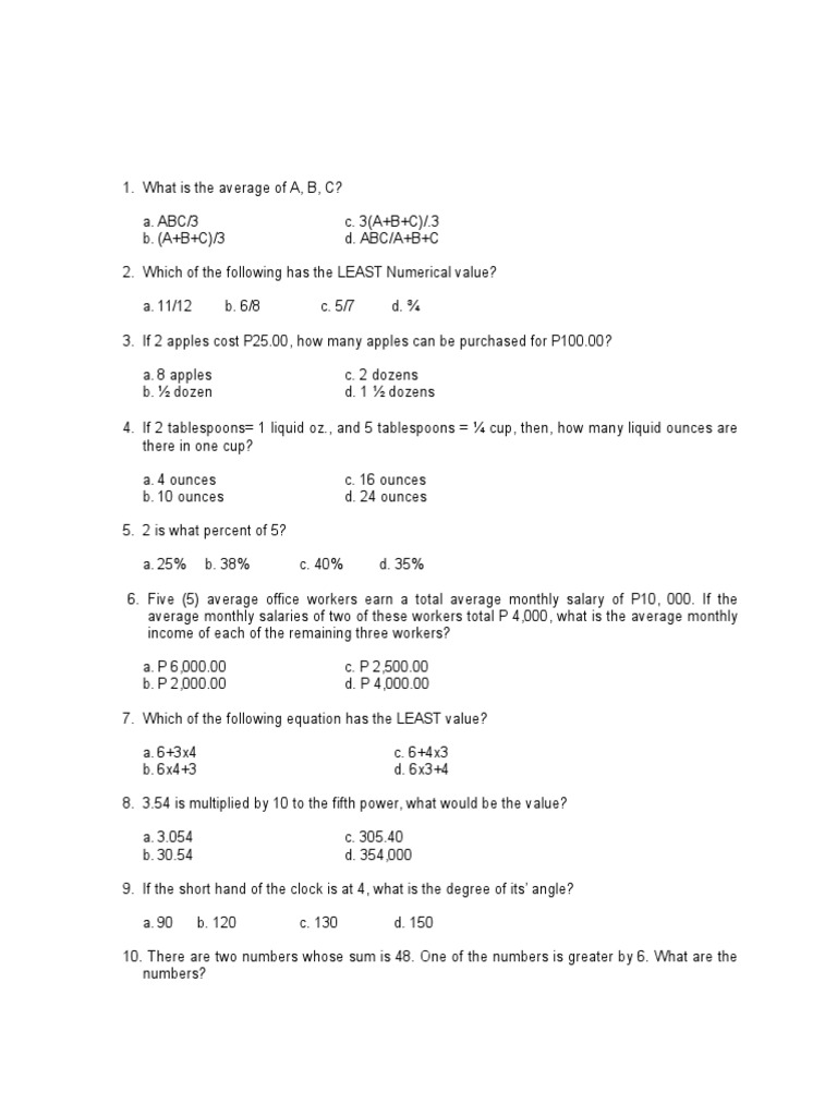 Mathematics Practice Test | PDF | Odds | Elementary Mathematics