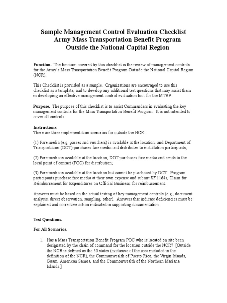 Sample Management Control Evaluation Checklist Army Mass Transportation ...