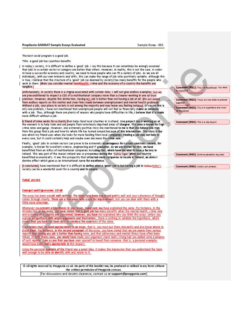 GAMSAT Essay Sample Evaluation - Sample Essay - GAMSAT Sample Essay by ...