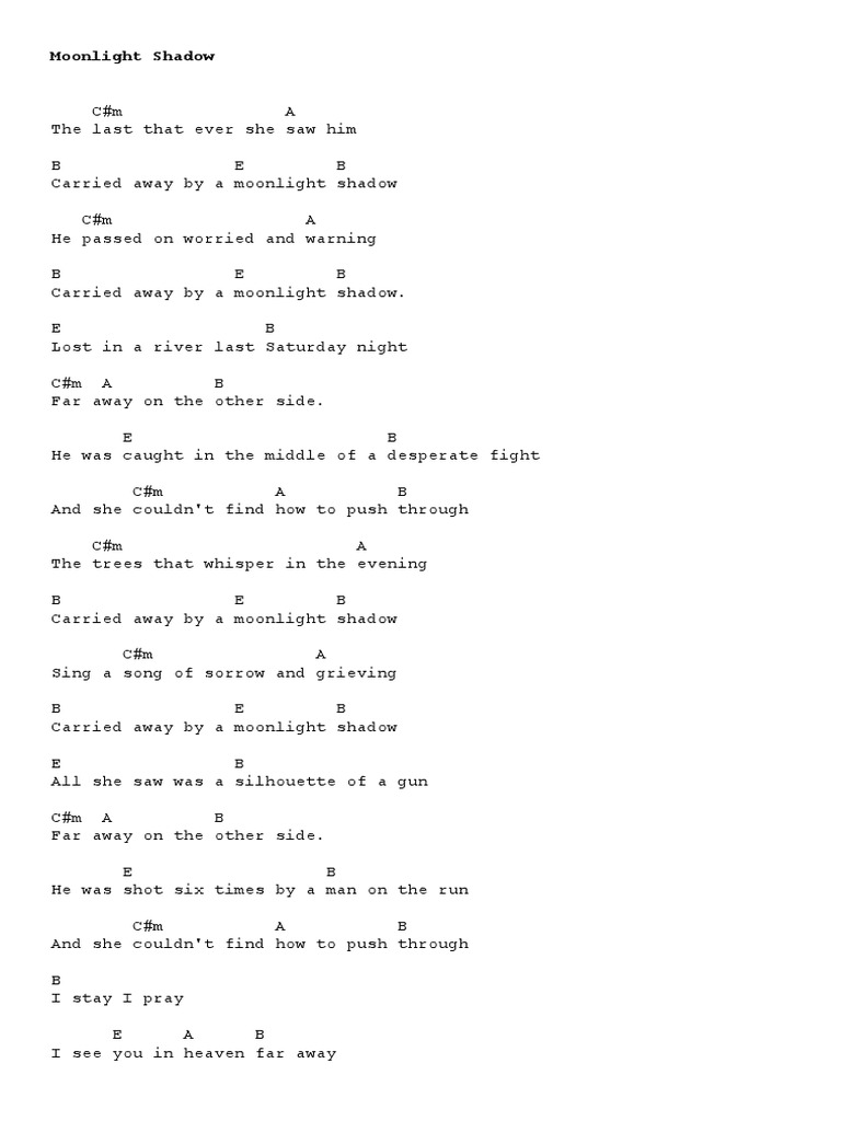 Moonlight Shadow Lyrics and Chords | PDF