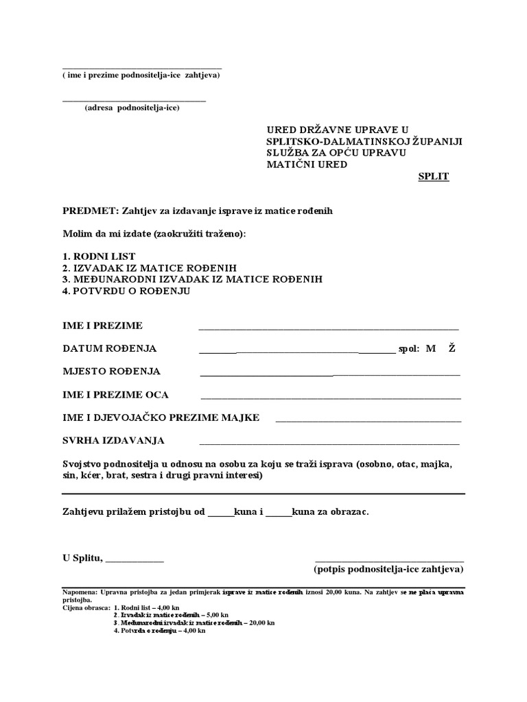 01 Zahtjev Za Rodni List | PDF