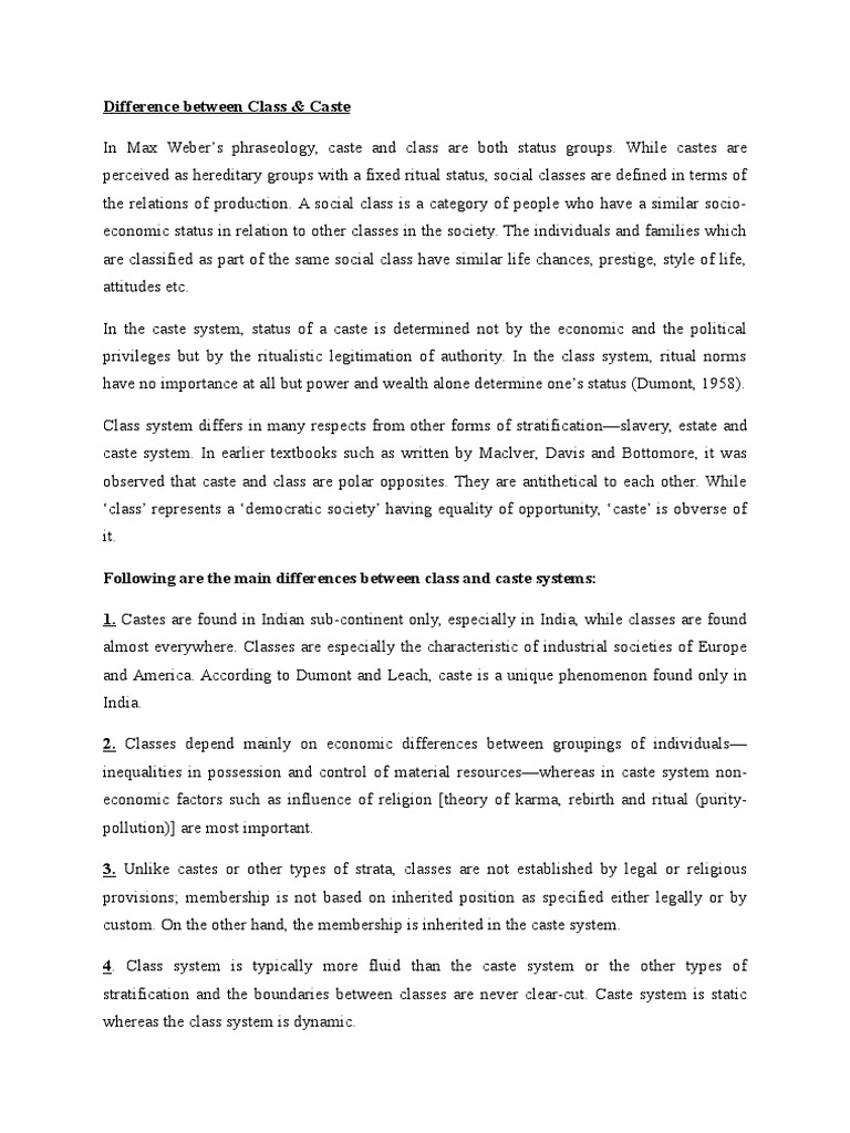 Difference Between Class | PDF | Caste | Social Stratification