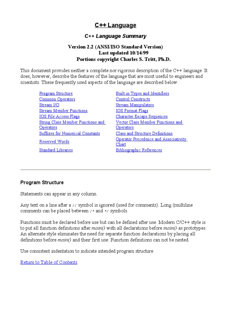 C++ Language: Version 2.2 (ANSI/ISO Standard Version) Last Updated 10 ...