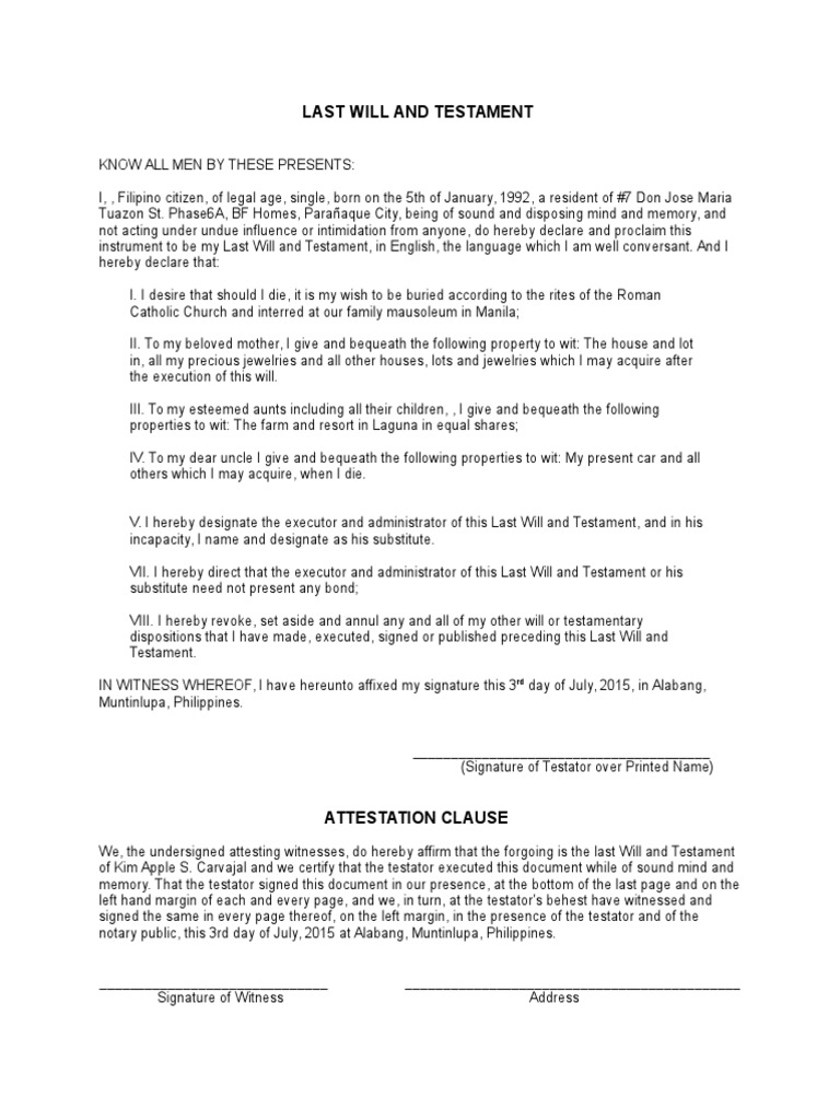 Sample Last Will And Testament Will And Testament Social Institutions