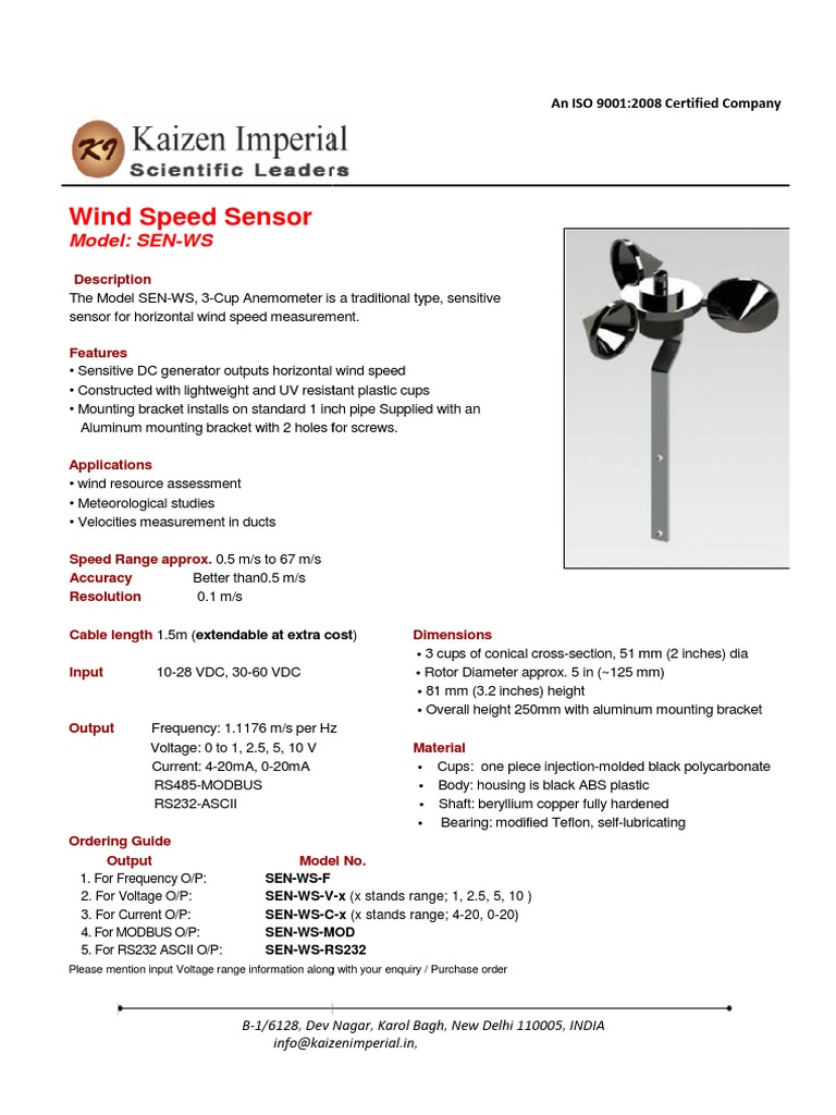 Wind Speed Sensor Model SEN-WS Overview | PDF | Technology & Engineering