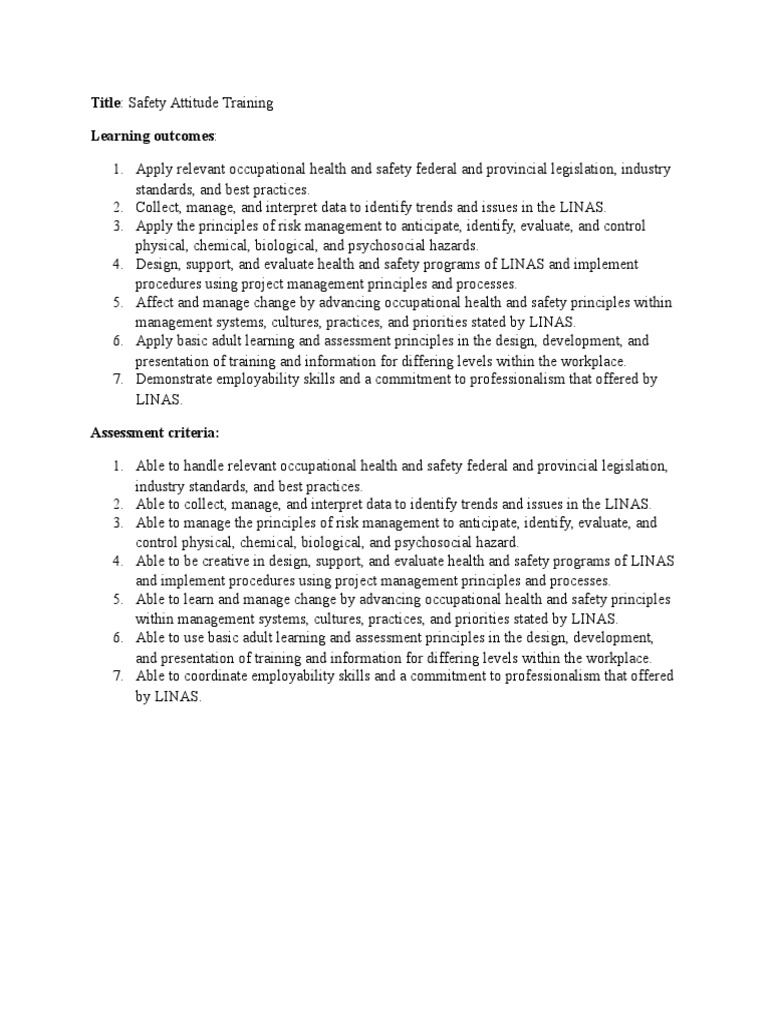 Title: Safety Attitude Training Learning Outcomes | PDF