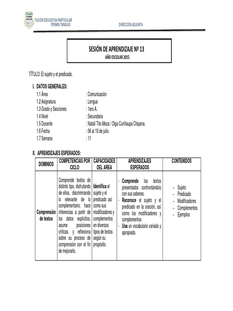 Actividades sobre Sujeto y Predicado | PDF | Asunto (gramática ...