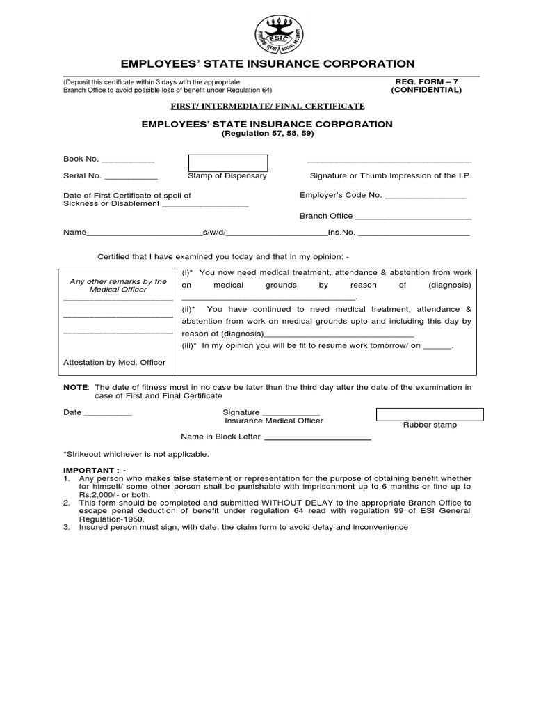 ESIC Medical Leave Certificate Form | PDF