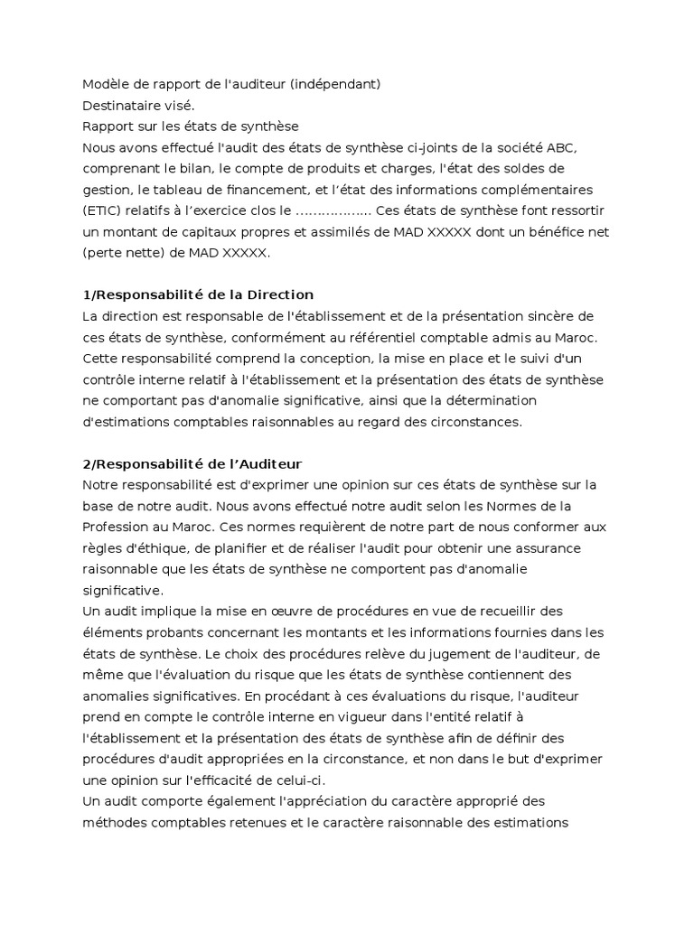 Modèle de Rapport d'Audit Contractuel Maroc | Contrôle interne | Audit
