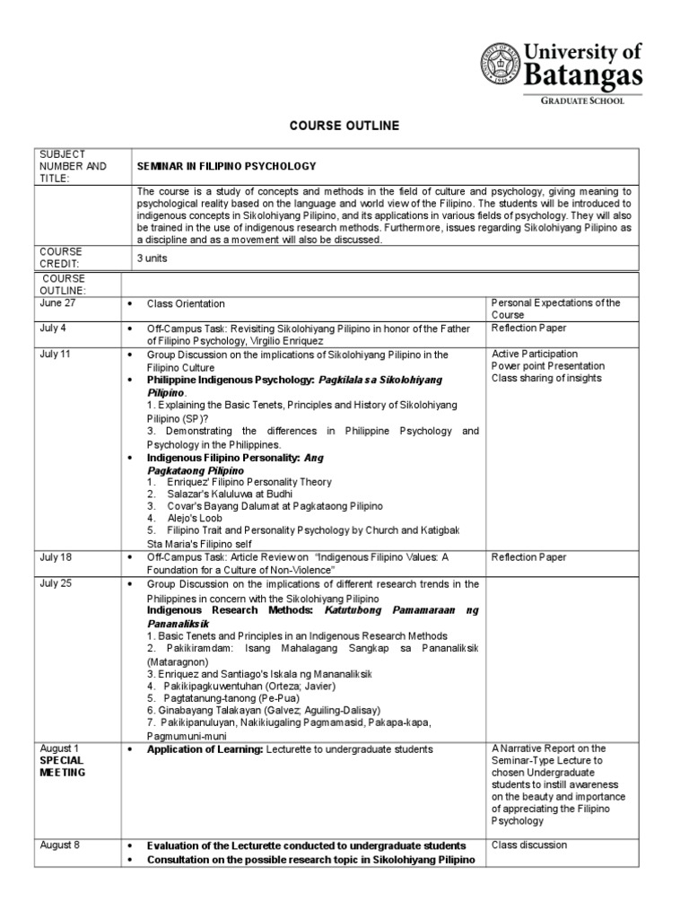Course Outline - Filipino Psychology | PDF | Psychology | Learning