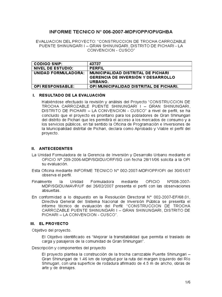 Informe Trocha Carrozable Shinungari | PDF | Presupuesto | Beneficio (economía)